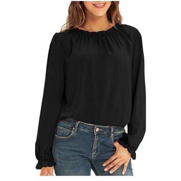 Grace Karin | Tops | Grace Karin Top Womens L Black Gathered Frill Elastic Neck Lace Long Sleeve ...